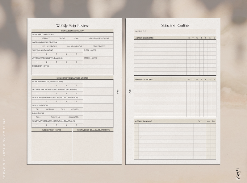 Weekly Skincare Routine Tracker + Assessment Planner Insert